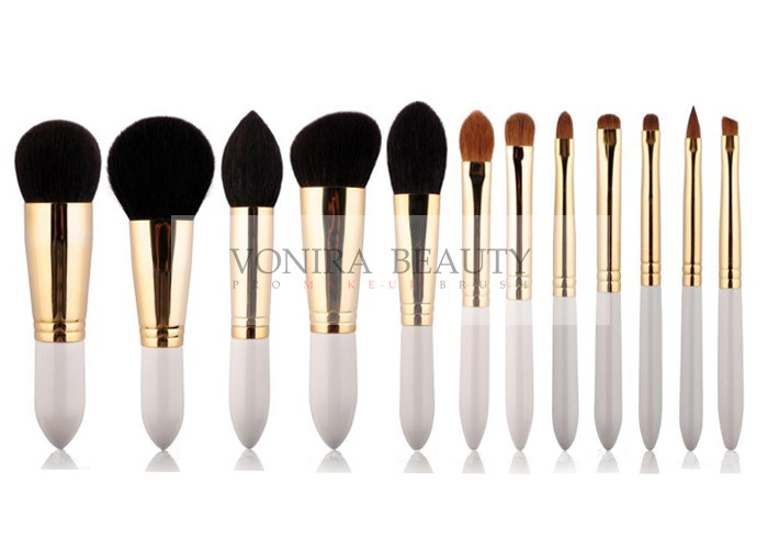 Golden Copper Ferrule Natural Hair Makeup Brushes White Bullet Shape Handle